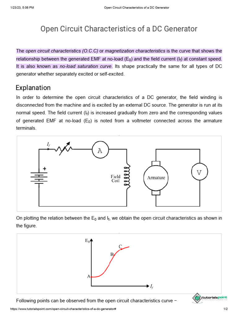 Open Circuit Characteristics of DC Generators | PDF