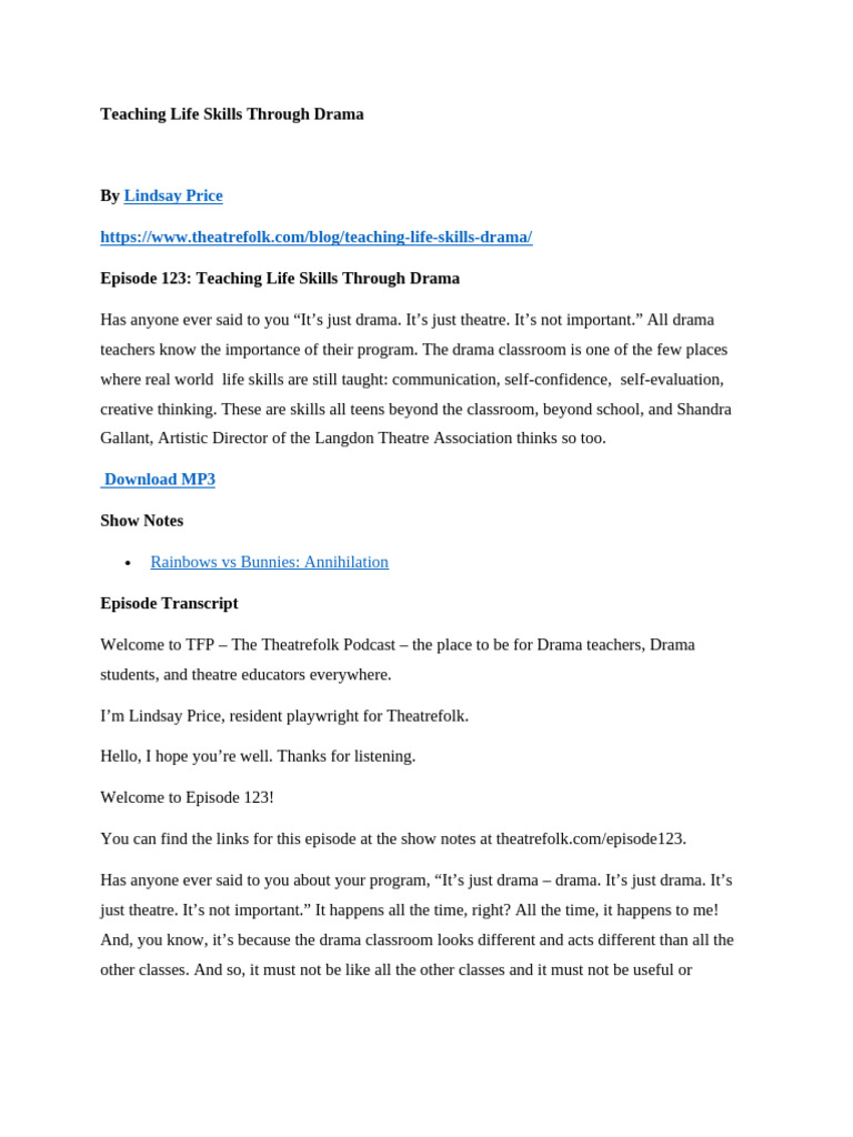 Life Skills Development Through Drama | PDF