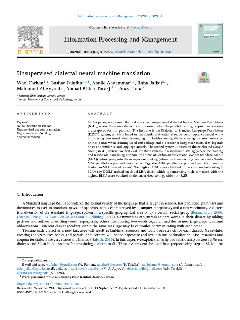 2020-Unsupervised Dialectal Neural Machine Translation | PDF | Linguistics | Learning