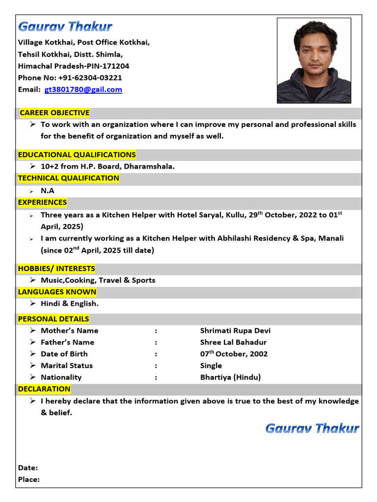 Kitchen Helper Resume - Himachal Pradesh | PDF