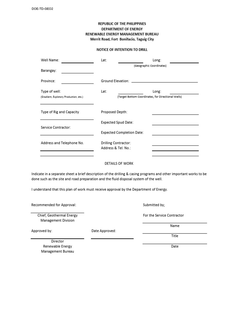 DOE - Notice of Intention To Drill Template (As of 10june2022) | PDF