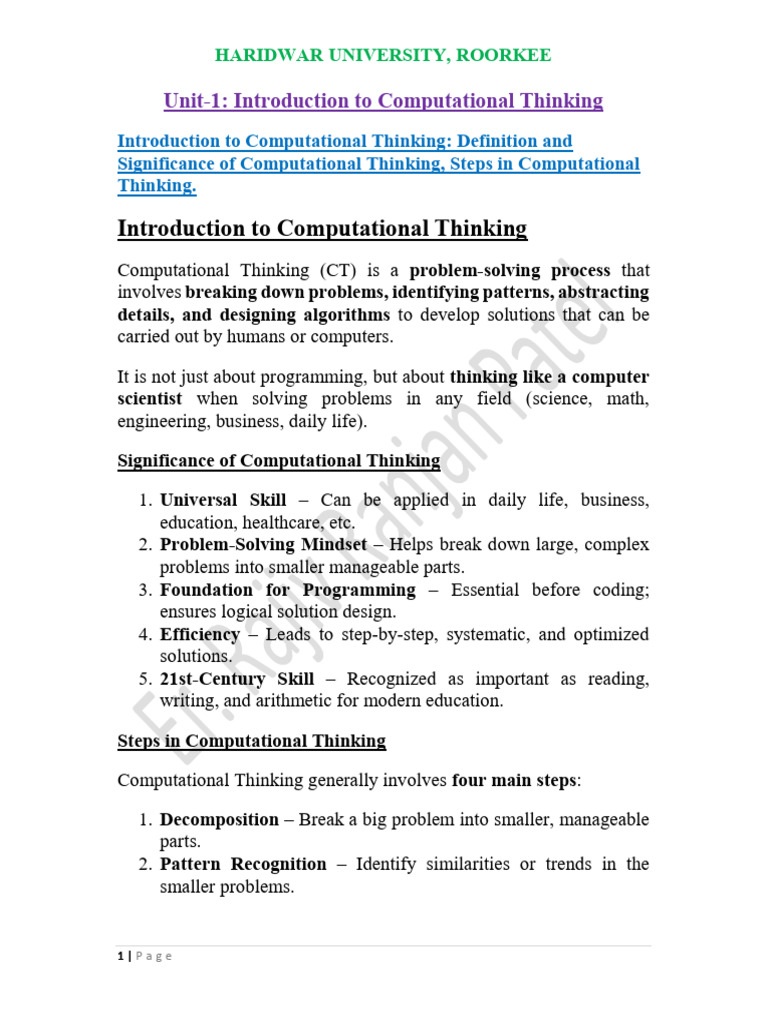 Unit-1 Introduction To Computational Thinking | PDF | Computer Programming | Programming