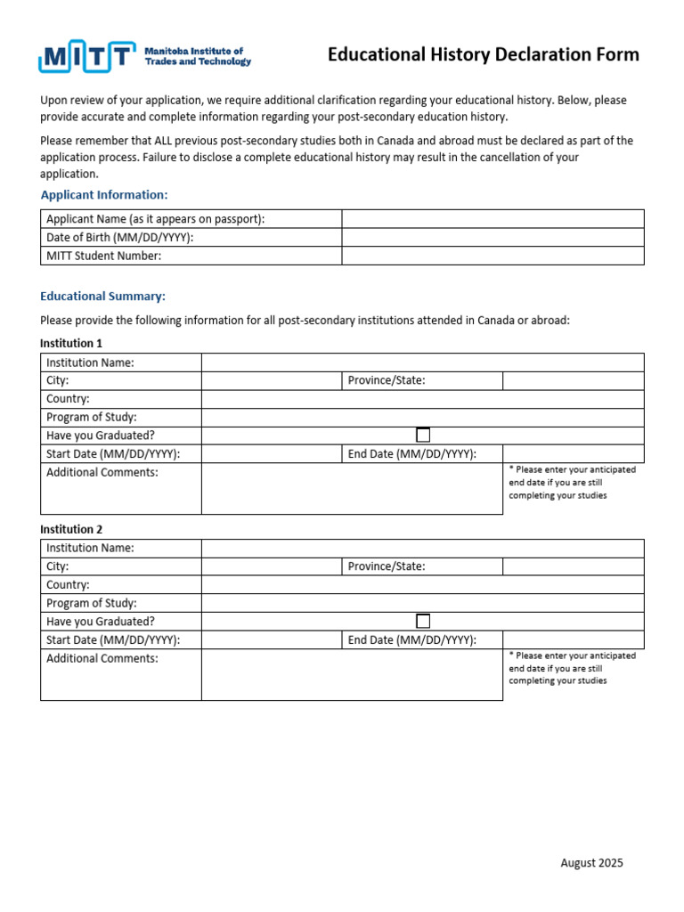 Educational History Declaration Form - Domestic - Fillable-1 | PDF | Government And Personhood