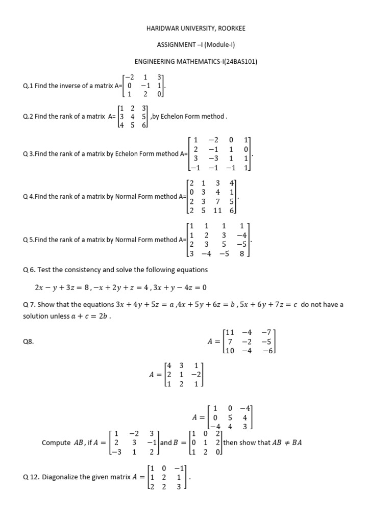 Eng. Mathematics - I 24bas101 Assignment - 1 | PDF | Matrix (Mathematics) | Eigenvalues And ...