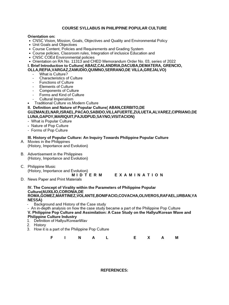 Course Syllabus in Philippine Popular Culture Bped 2 | PDF | Philippines