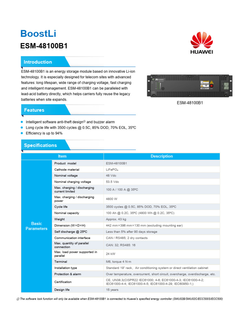 Huawei ESM-48100B1 Battery Datasheet | PDF | Lithium Ion Battery ...
