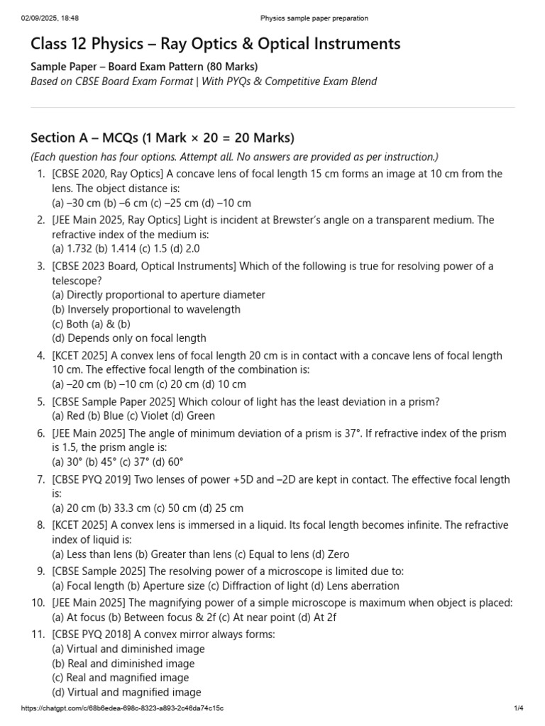 Physics Sample Paper Preparation Ray Optics Sample 1 | PDF | Optics | Angular Resolution
