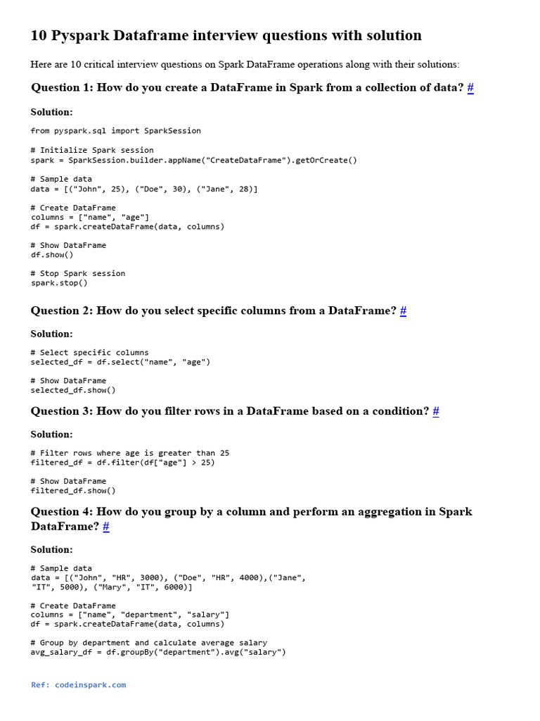 10 Pyspark Dataframe Interview Question With Solution - v1 | PDF ...