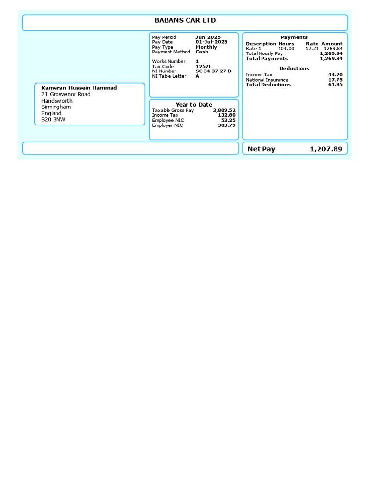 Monthly Pay Summary for Kameran Hammad | PDF