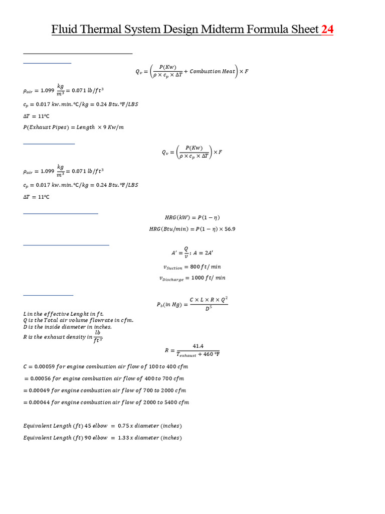 Fluid Thermal System Design Final Formula Sheet 24 | PDF | Heat Transfer | Radiator