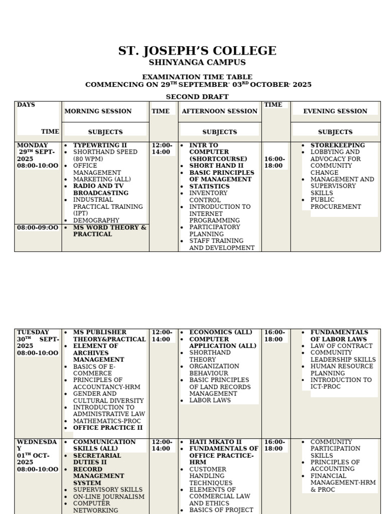 Examination Time Table, September 2025 - Second Draft | PDF | Human ...