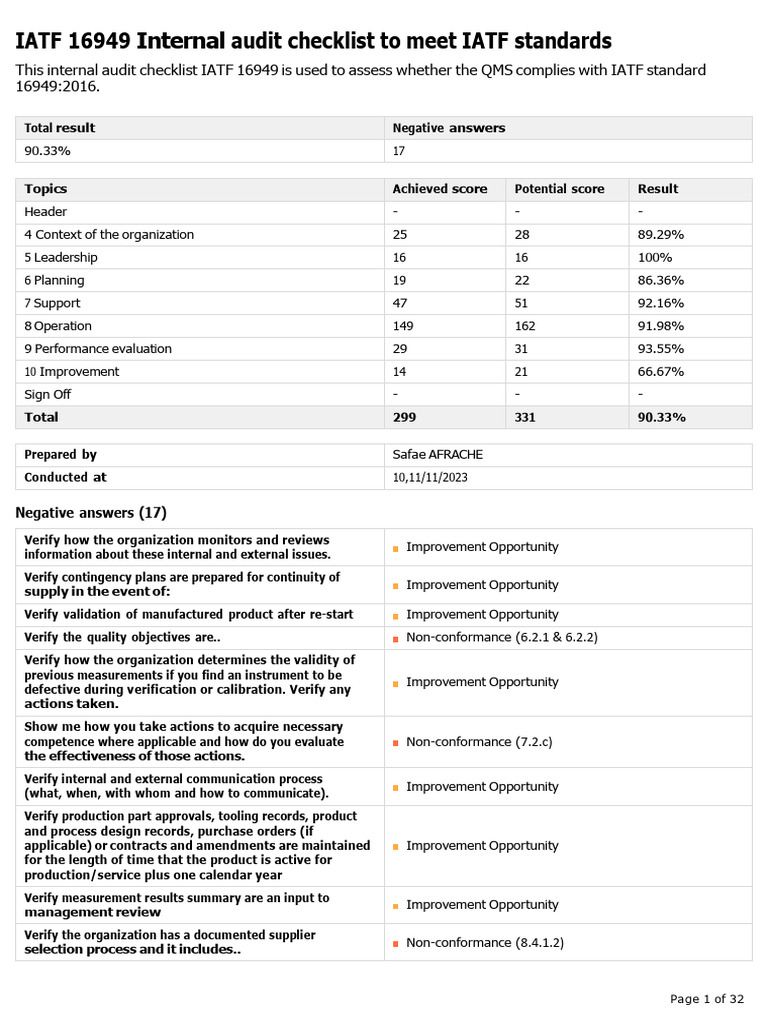 IATF 16949 Internal Audit Checklist | PDF | Quality Management System ...