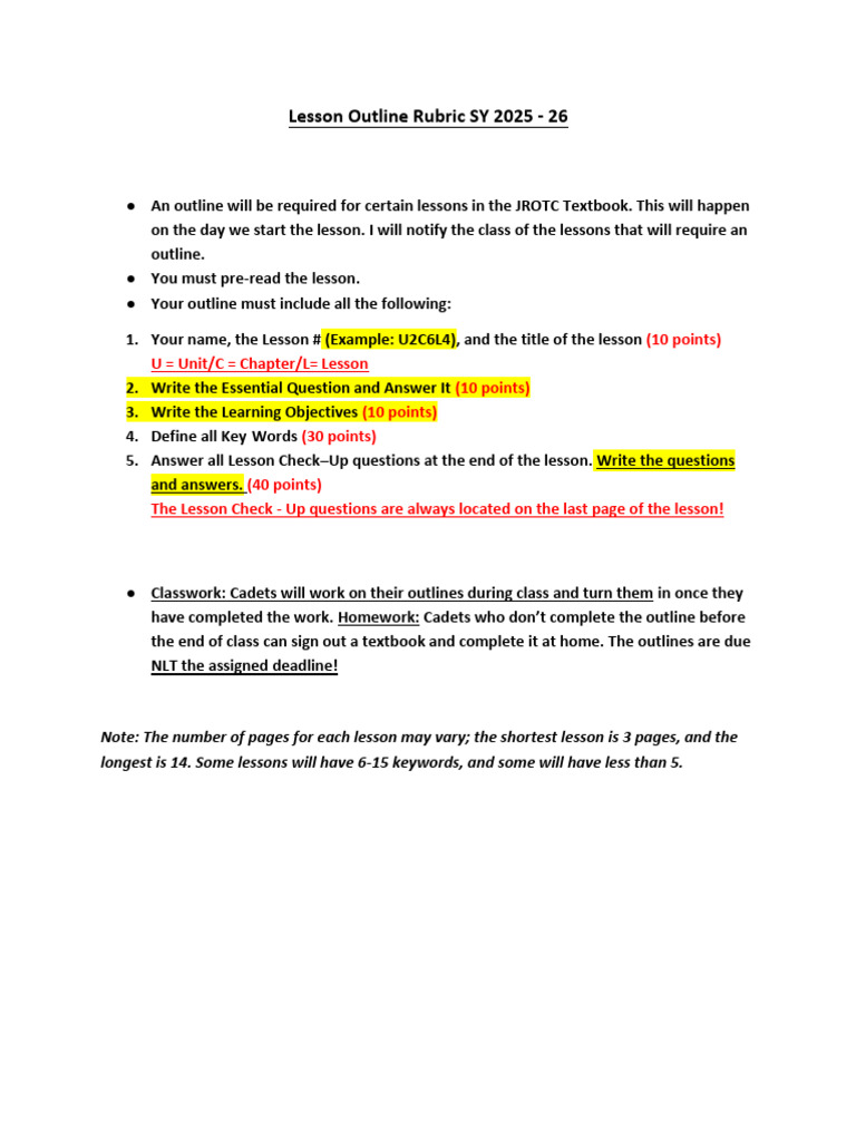 JROTC Lesson Outline Rubric | PDF