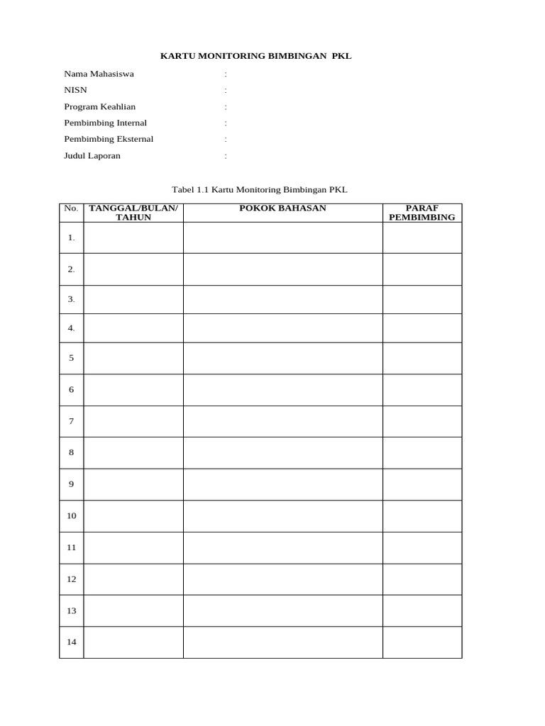 Kartu Monitoring Bimbingan PKL | PDF