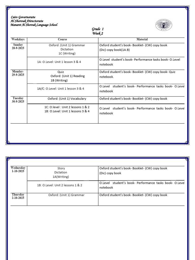 Grade 1 Week 2 Course Schedule | PDF