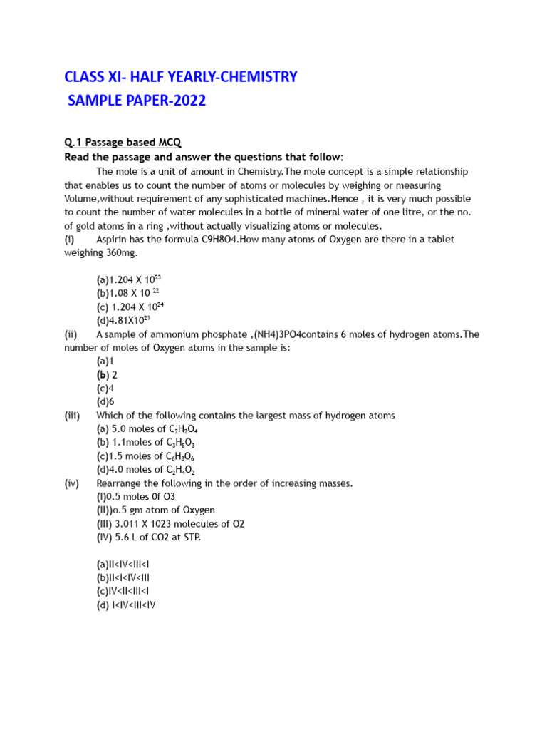 Class XI Chemistry Half-Yearly Paper | PDF | Mole (Unit) | Molecules