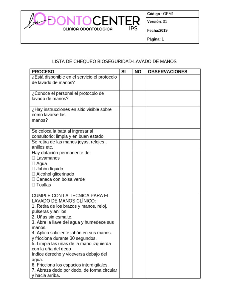 Lista de Chequeo Lavado de Manos | PDF | Lavado de manos | Clavo (anatomía)