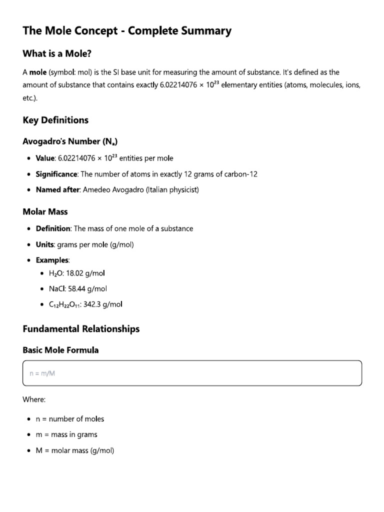 Moles Concept Summary | PDF