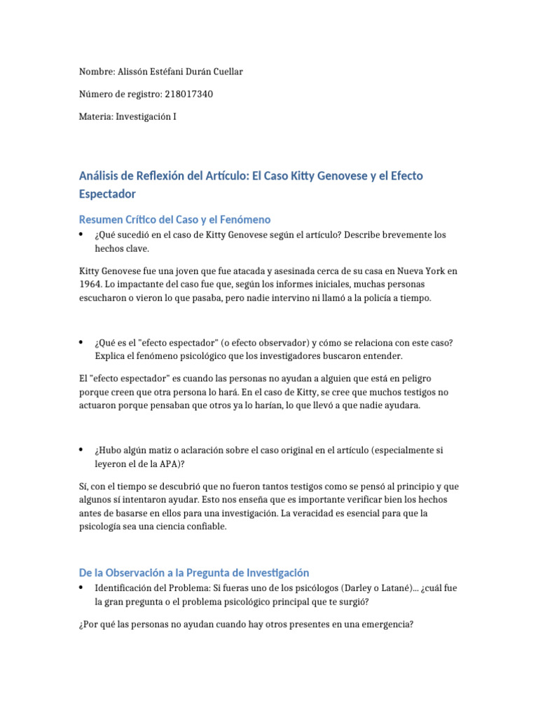 Análisis Kitty Genovese Resuelto | PDF | Sicología | Cognición