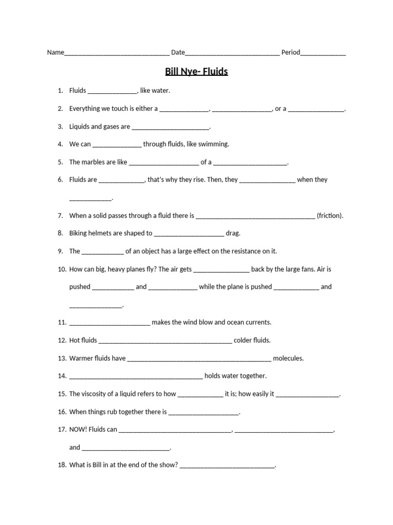 Bill Nye Fluids Worksheet and Answers | PDF | Liquids | Drag (Physics)