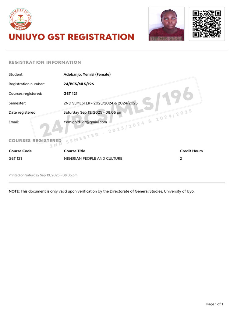 UNIUYO GST Registration Form - (Adebanjo, Yemisi) 2ND SEMESTER - 2023 ...