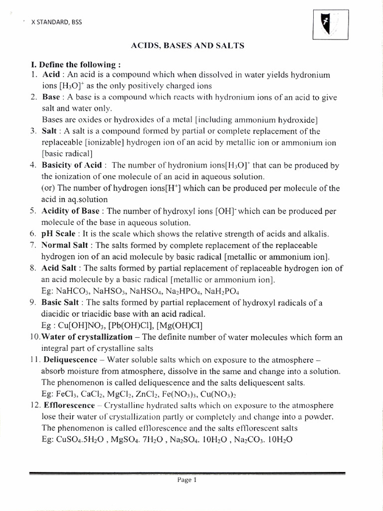 Acids, Bases and Salts Notes | PDF | Hydroxide | Acid
