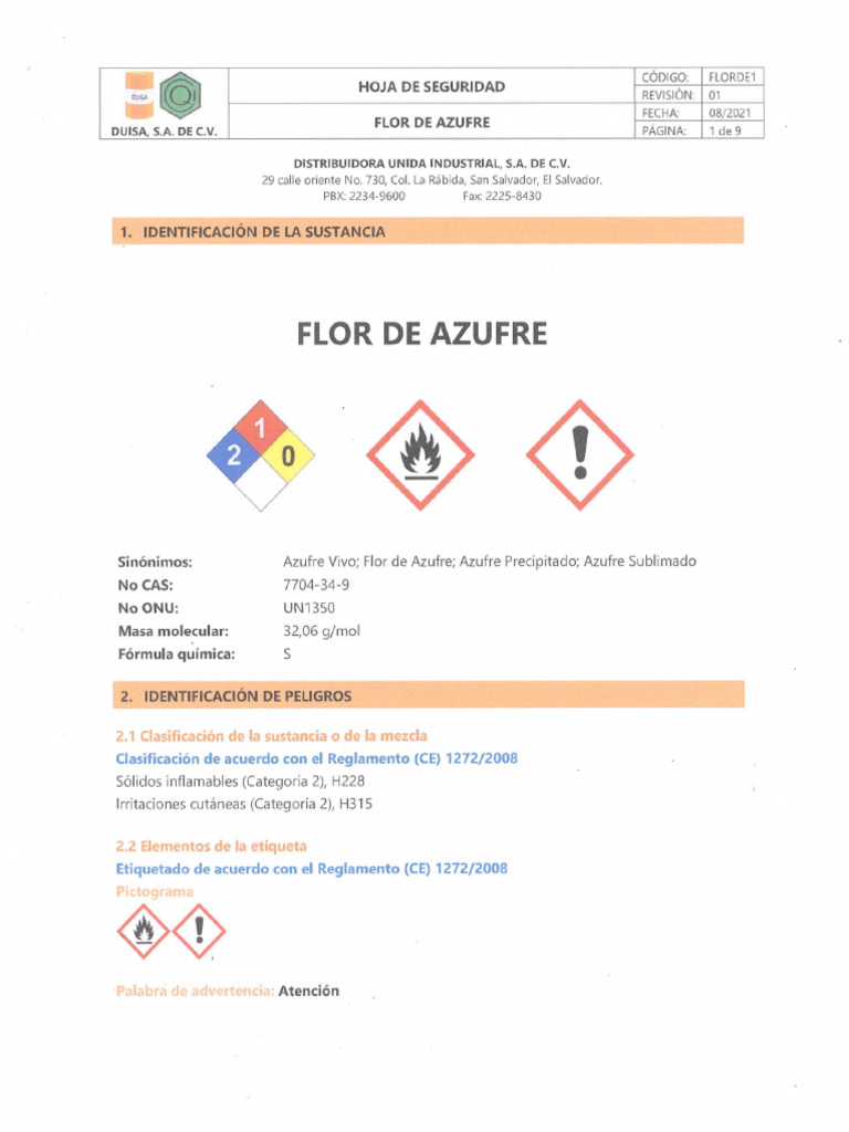 MSDS - Flor de Azufre | PDF