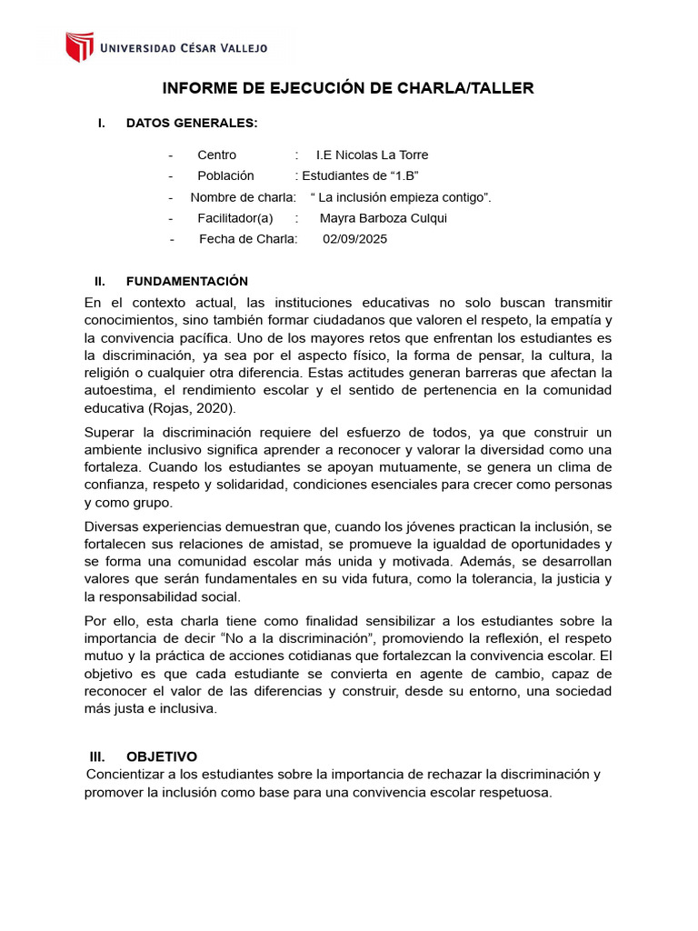 Informe de Ejecución de Charla Área Clínica 2025-2 | PDF | Inclusión (Educación) | Discriminación
