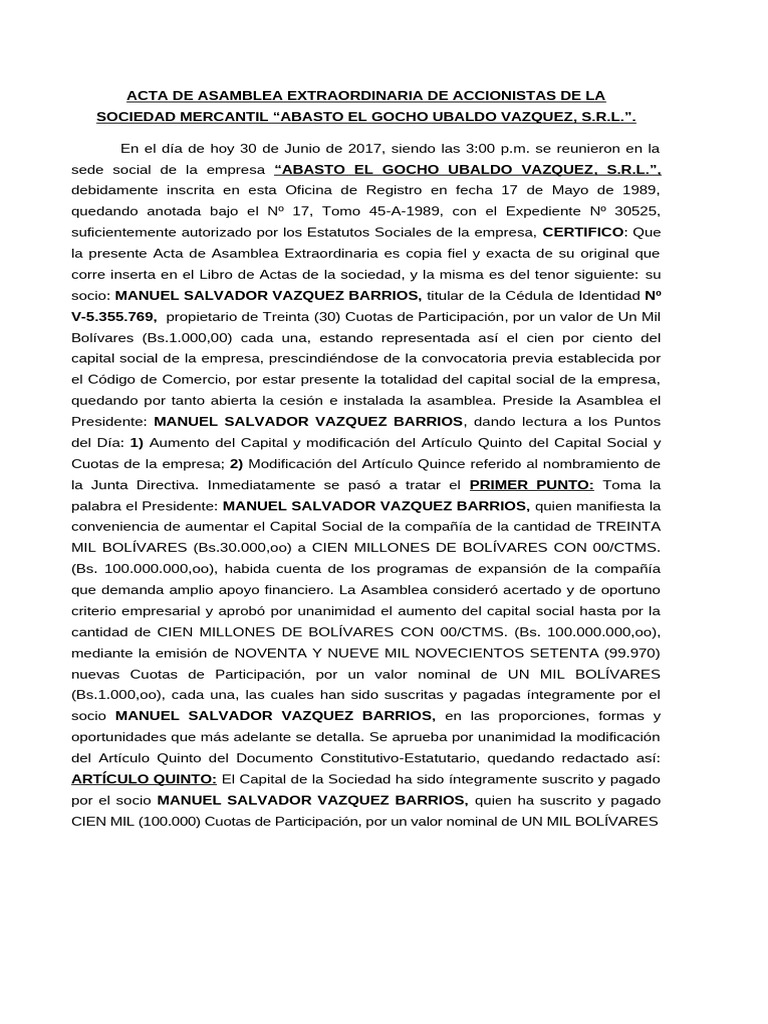 Acta Asamb Vta Accion Aumento Capi. Abasto El Gocho (Manuel Polo) | PDF
