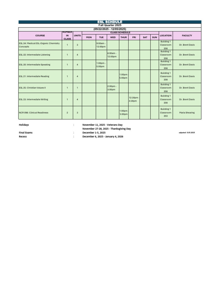 ESL Class Schedule Fall 2025 9.05.2025 | PDF