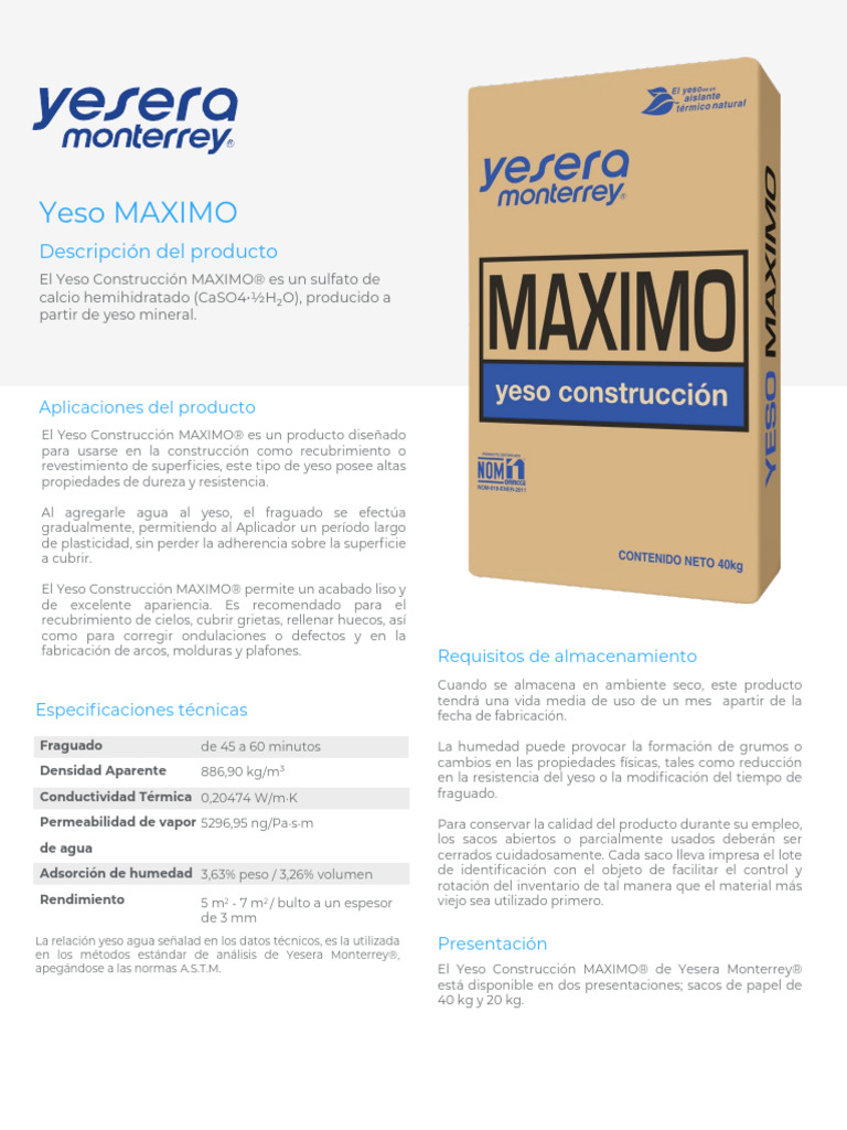 Yeso MAXIMO: Especificaciones y Usos | PDF | Yeso | Agua