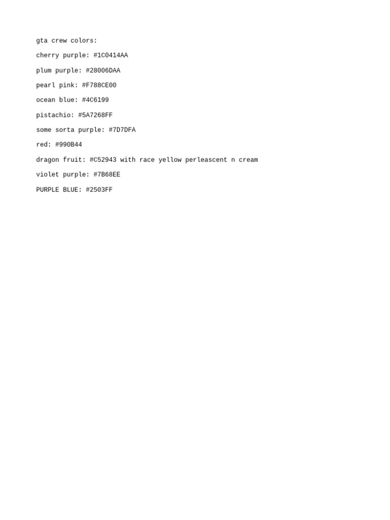 GTA Crew Color Hex Codes List | PDF
