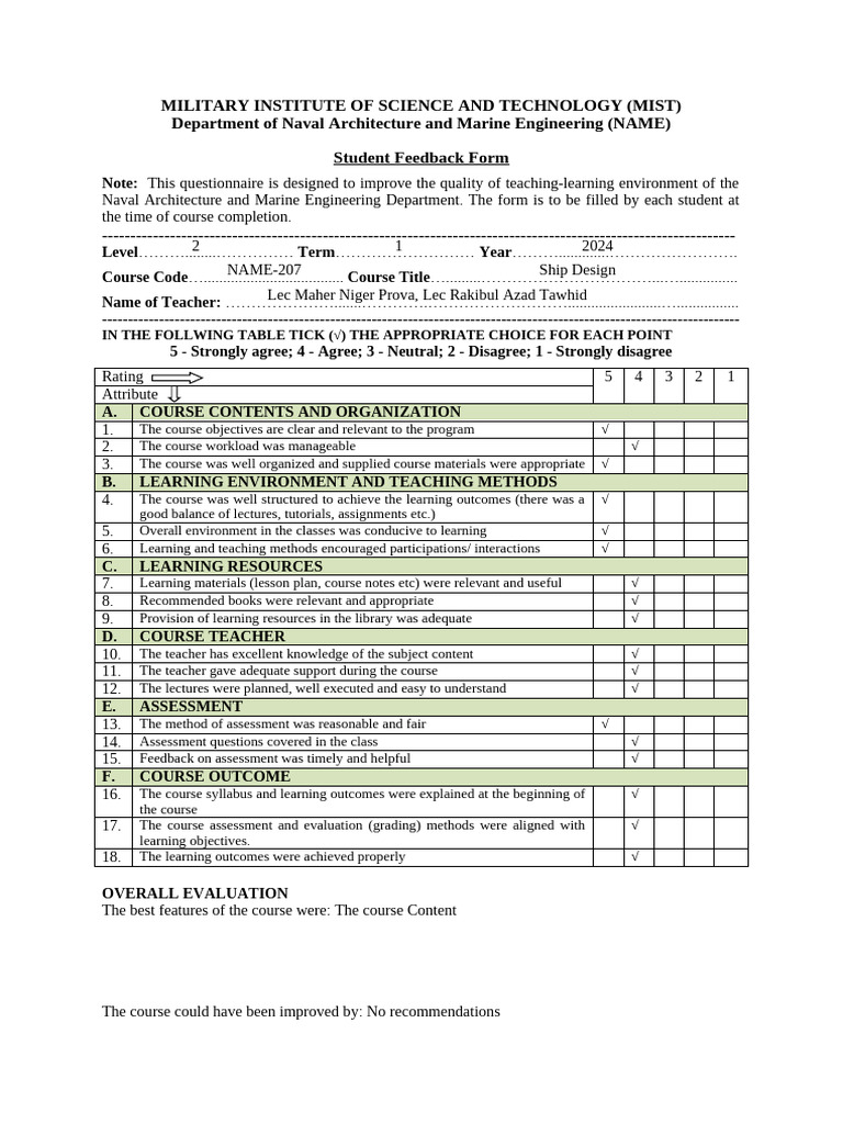 MIST Naval Architecture Student Feedback Form | PDF | Teachers ...