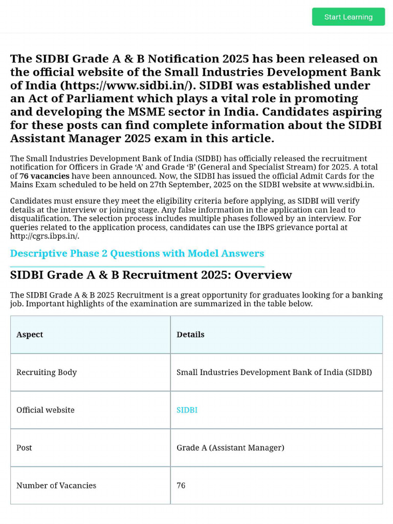 SIDBI Assistant Manager Recruitment 2025exam Info | PDF