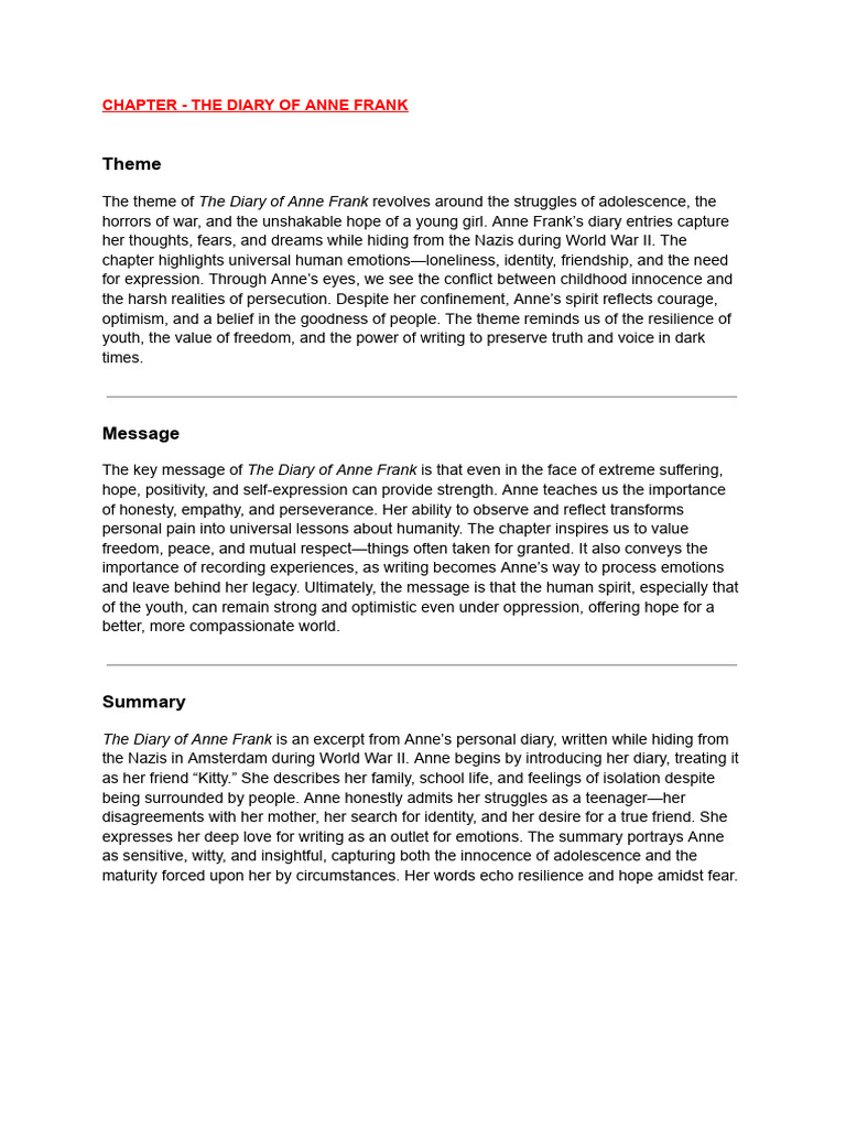 Themes in Anne Frank's Diary | PDF | Courage | Diary