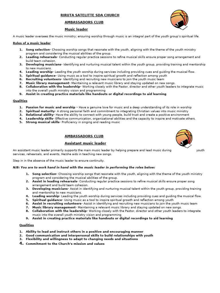 Music Leader and Assistant Roles | PDF | Mentorship | Leadership