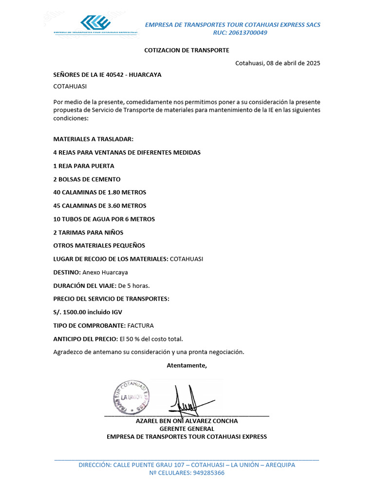 Cotizacion de Transporte Ie 40542 | PDF