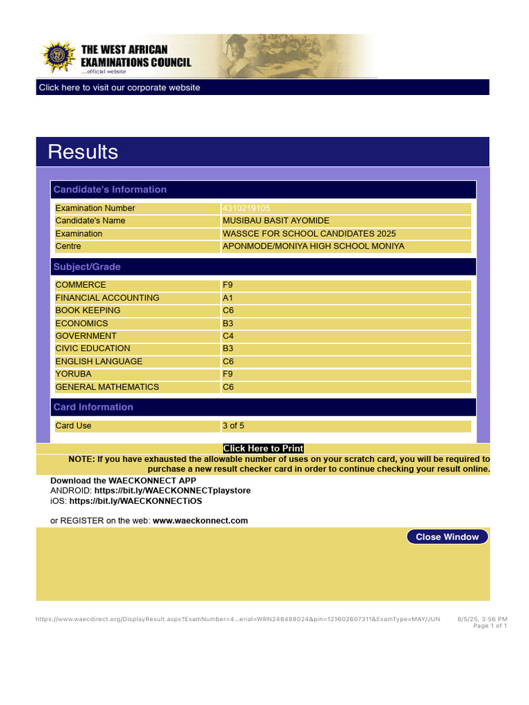 WASSCE 2025 Results for Musibau Ayomide | PDF