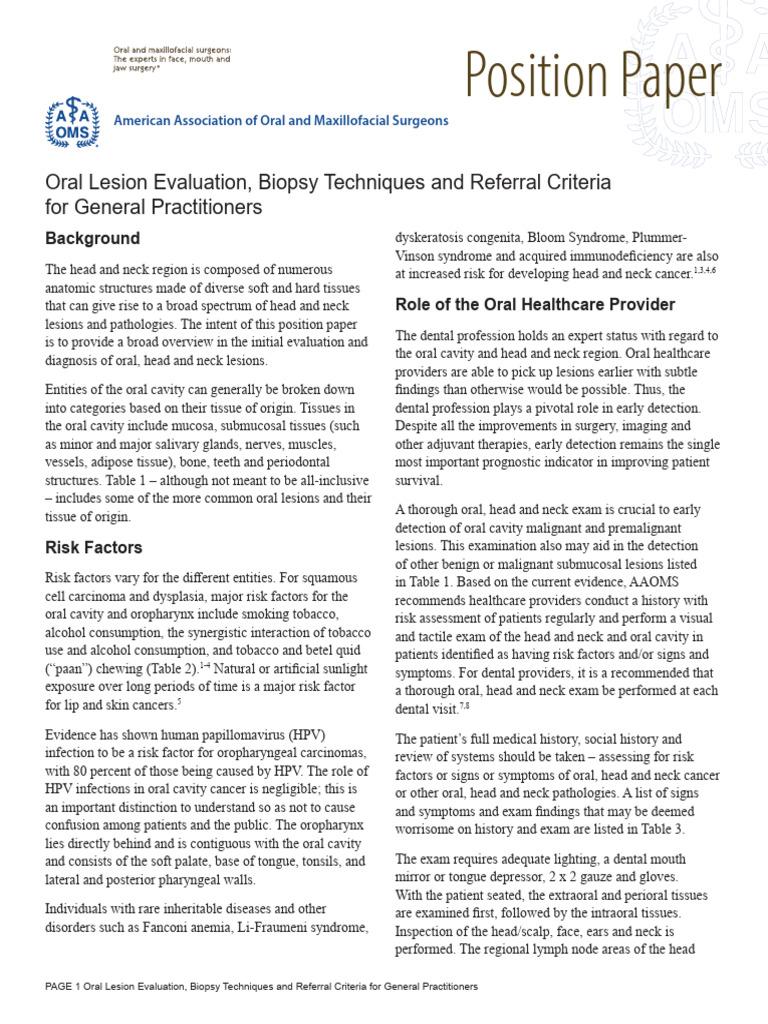Oral Lesion Evaluation and Biopsy Guide | PDF | Biopsy | Head And Neck ...