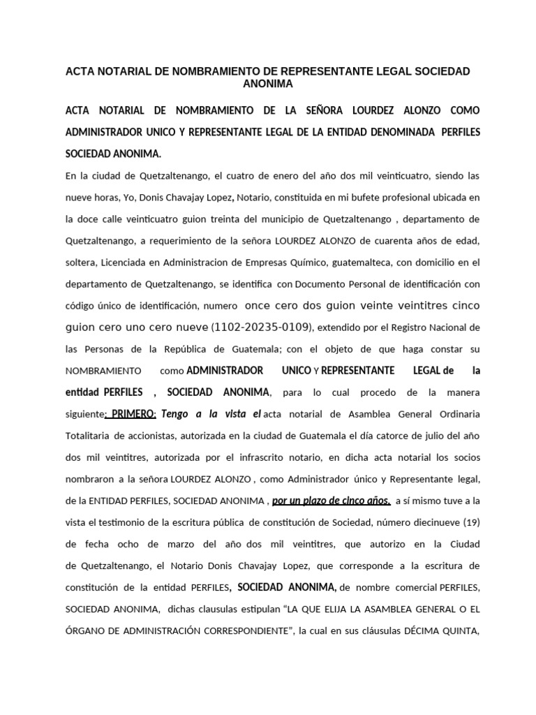 Nombramiento de Representante Legal en S.A. | PDF