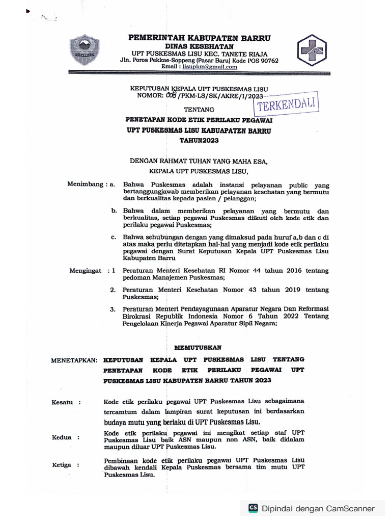 SK Penetapan Kode Etik Perilaku Pegawai | PDF