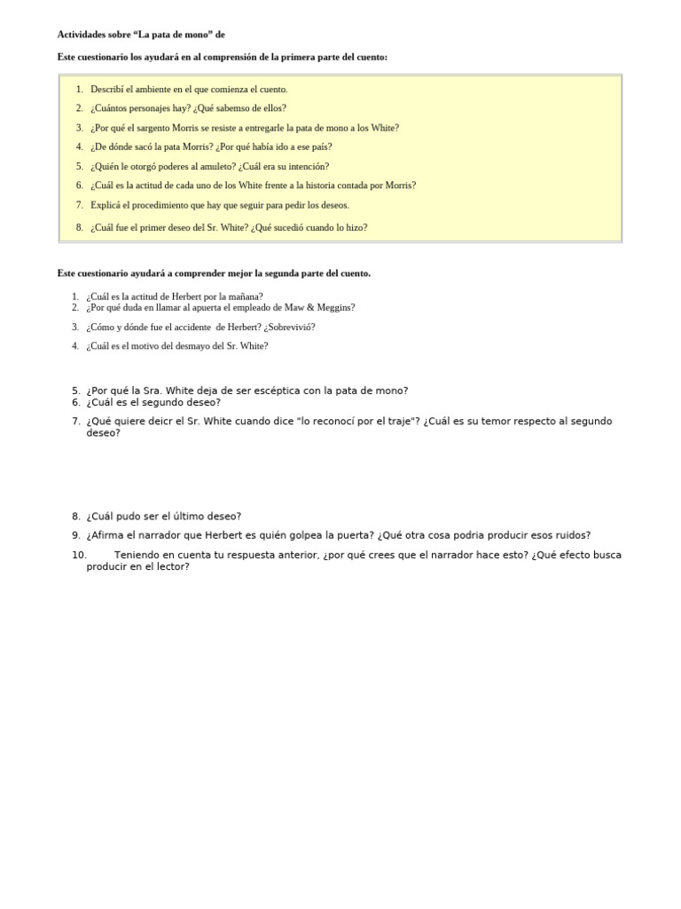 Actividades Sobre La Pata de Mono - El Cuento de Terror | PDF