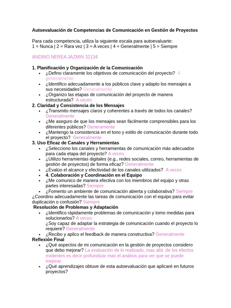 Autoevaluación de Competencias de Comunicación en Gestión de Proyectos (Parte 3) Completada ...