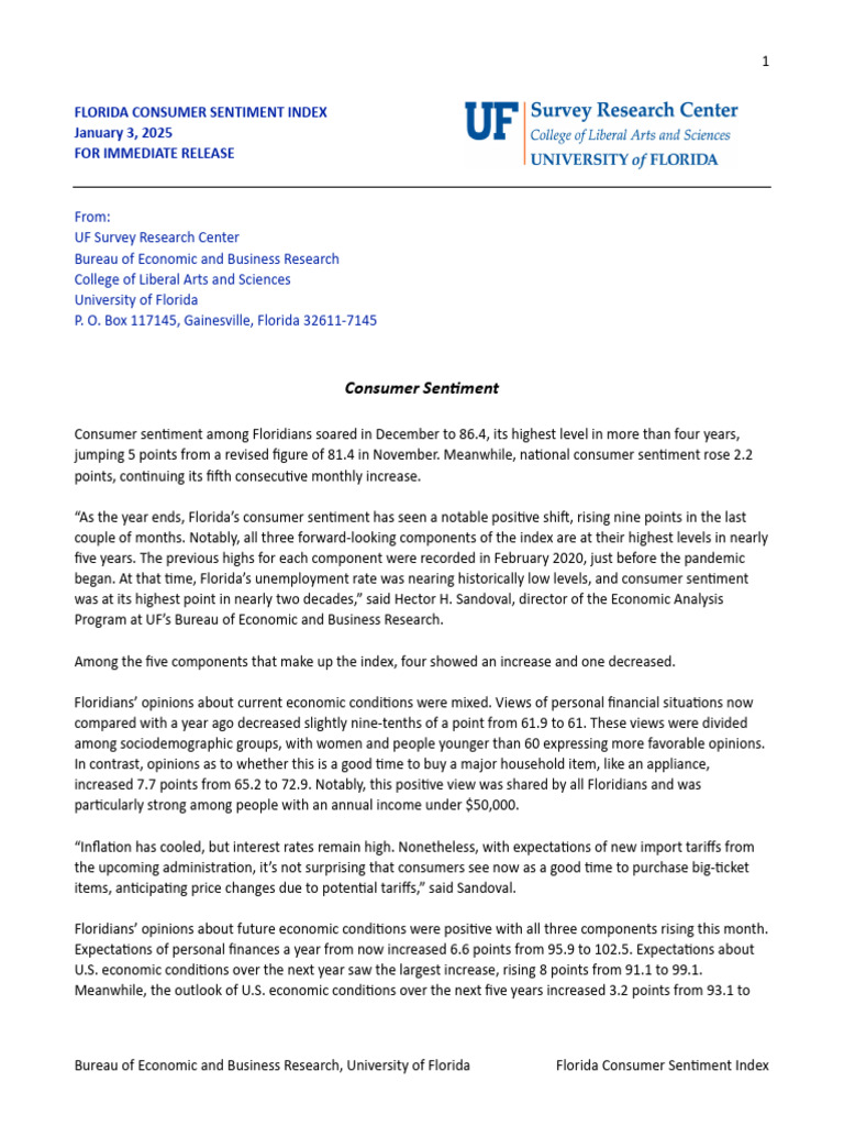 Florida Consumer Sentiment Soars in December | PDF | Interest ...