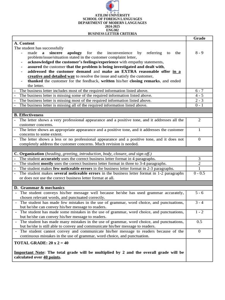 Business Letter Evaluation Criteria | PDF | Human Communication ...
