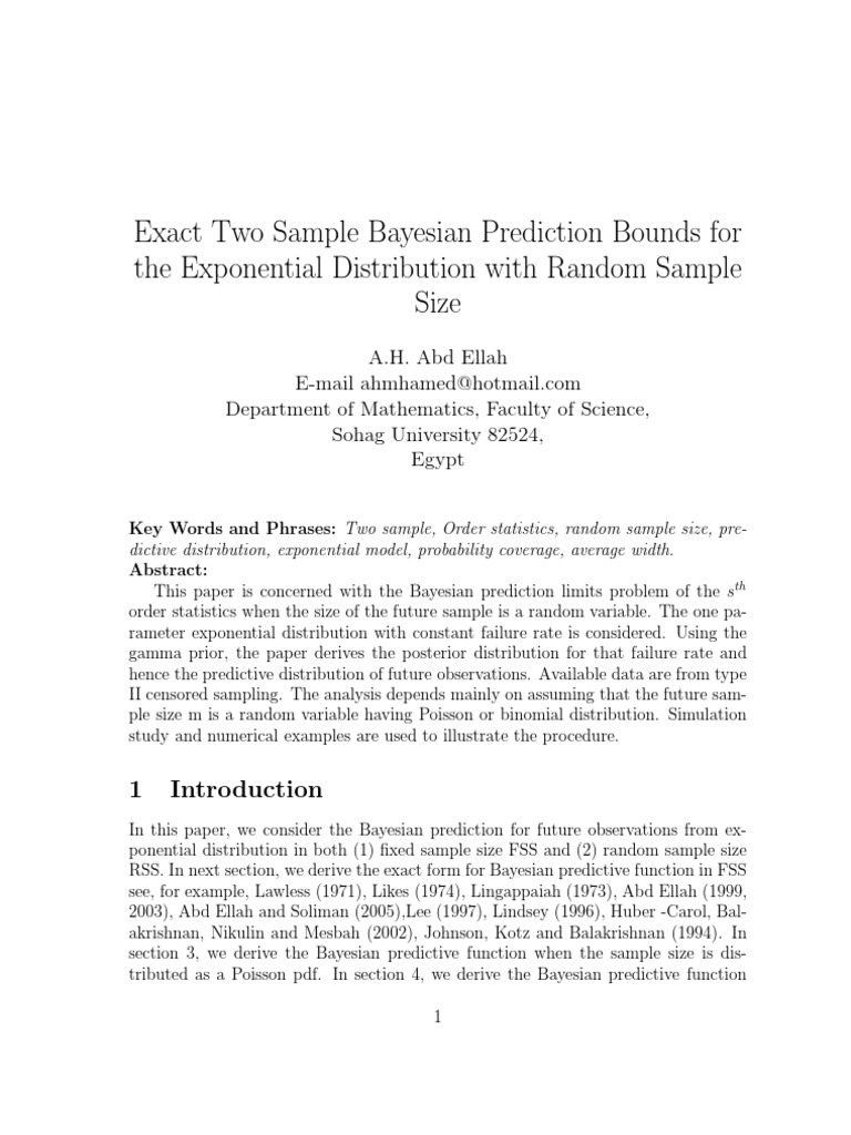 Exact Two Sample Bayesian Prediction Bounds For The Exponential Distribution With Random Sample ...