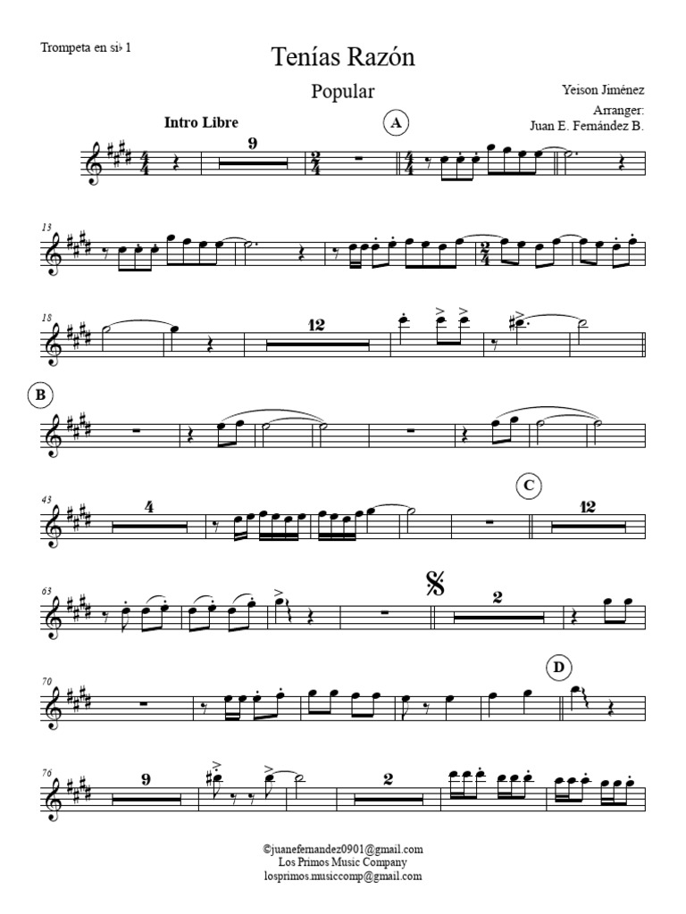 Tenías Razón - Yeison Jimenez - Trompeta en Sib 1 | PDF