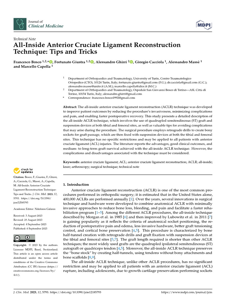 All Inside ACL Reconstruction | PDF | Knee | Musculoskeletal System