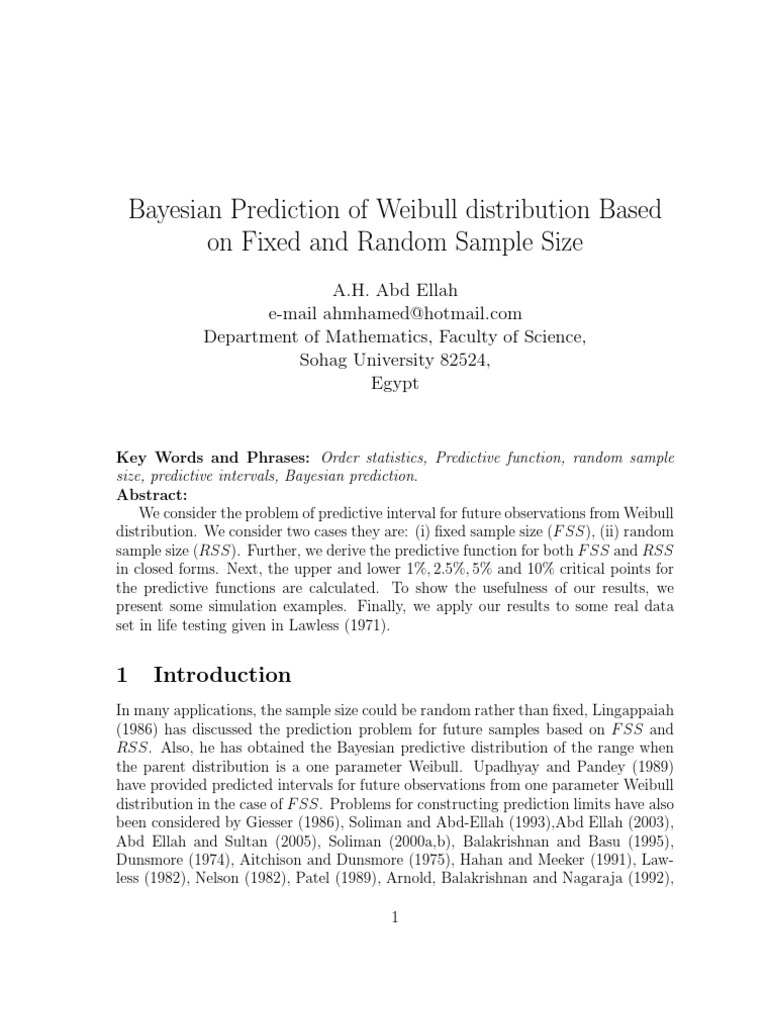 Bayesian Prediction of Weibull Distribution Based On Fixed and Random Sample Size | PDF ...