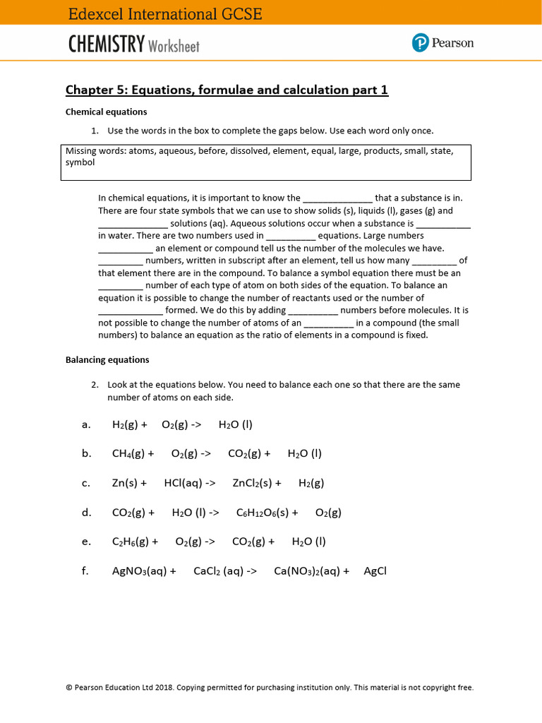iGCSE - Chem - Worksheet 5 - Equations Part 1 | PDF | Chemical ...